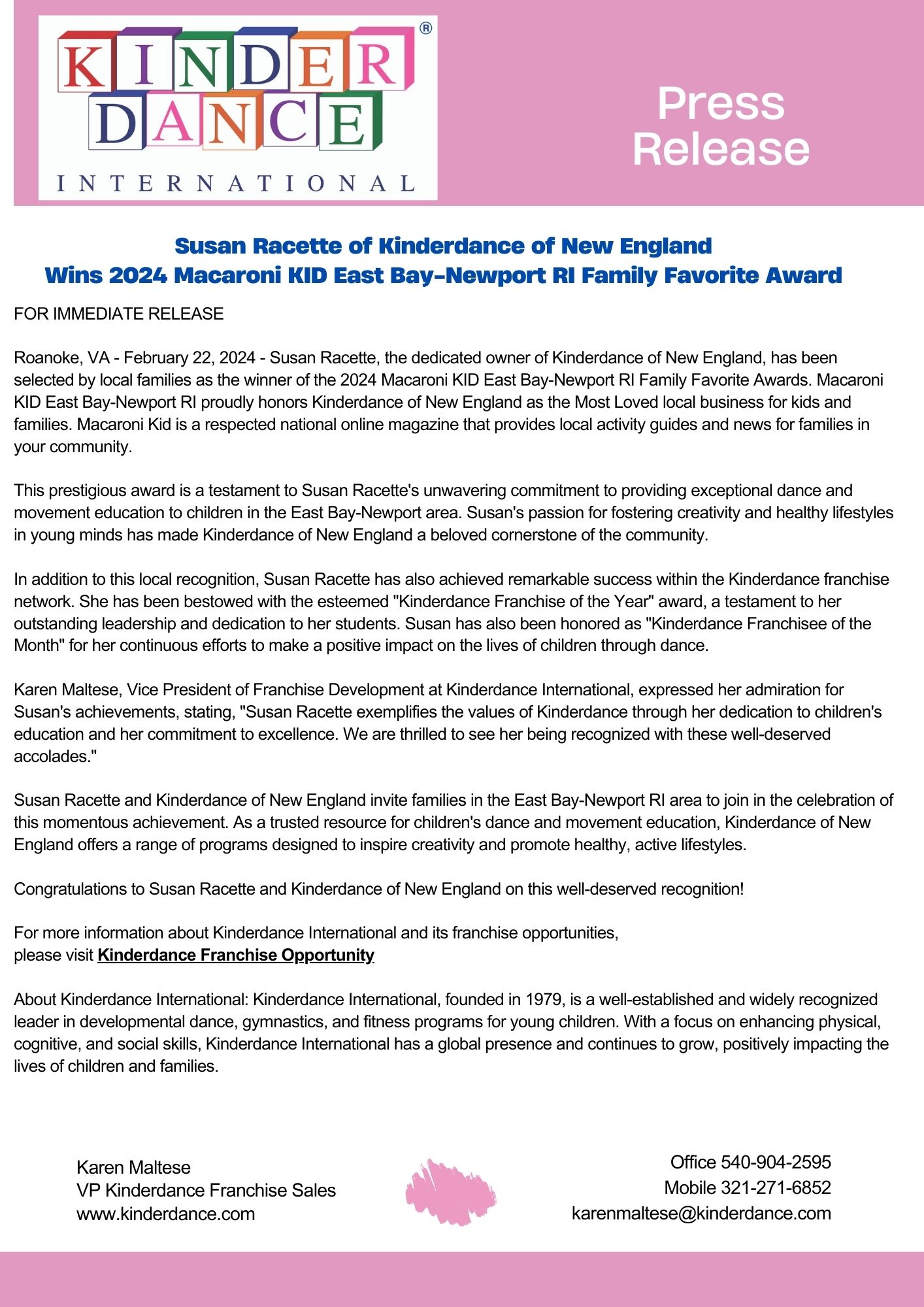 Kinderdance Franchisee Susan Racette wins Macaroni Kid Award ...