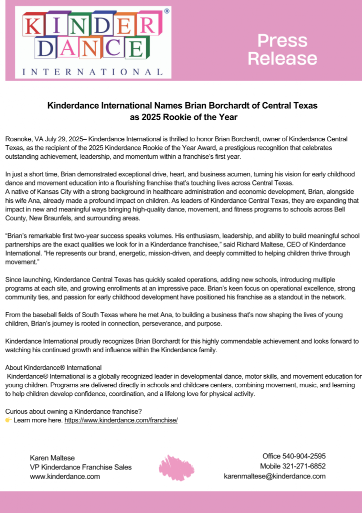 Kinderdance names Brian Borchardt of Texas as 2025 Rookie of the Year ...